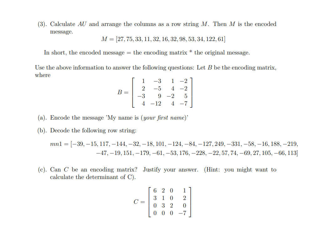 (3). Calculate AU and arrange the columns as a row | Chegg.com