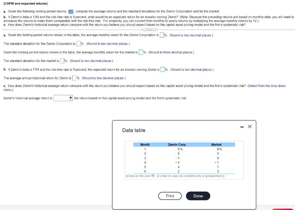 Solved (CAPM and expected returns) a. Given the following | Chegg.com