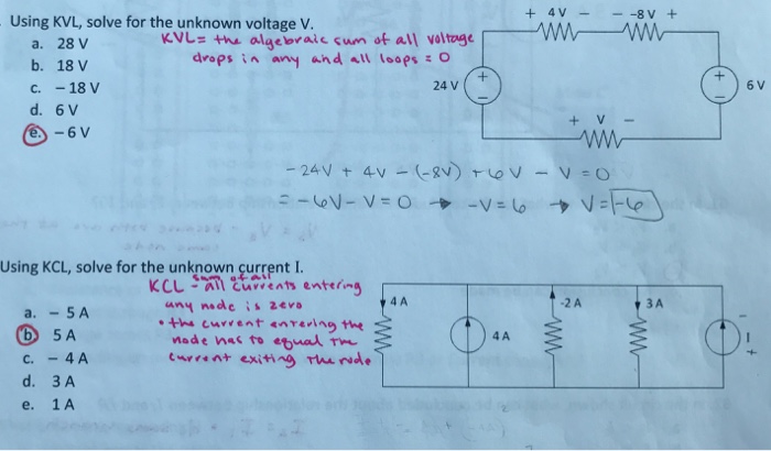 Solved Using KVL, solve for the unknown voltage V. 28 V 18 | Chegg.com