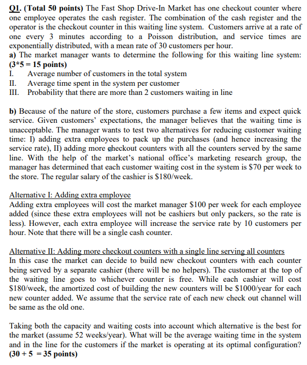 Solved Q1. (Total 50 points) The Fast Shop Drive-In Market | Chegg.com