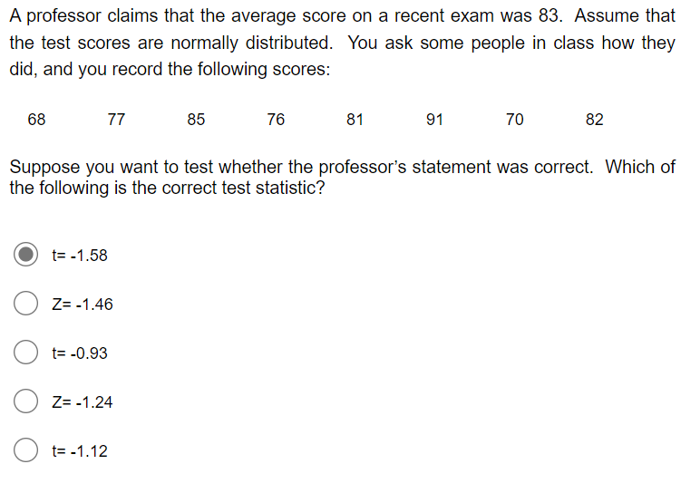 Solved A professor claims that the average score on a recent | Chegg.com