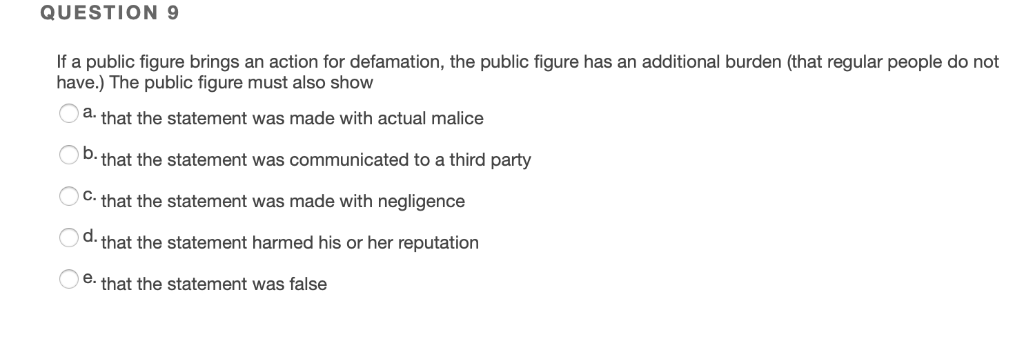 Solved QUESTION 9 If a public figure brings an action for | Chegg.com