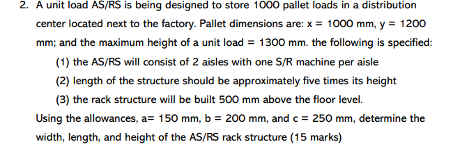 Solved 2. A unit load AS/RS is being designed to store 1000 | Chegg.com