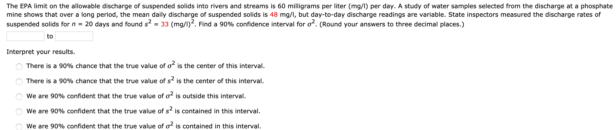 Solved The EPA limit on the allowable discharge of suspended | Chegg.com