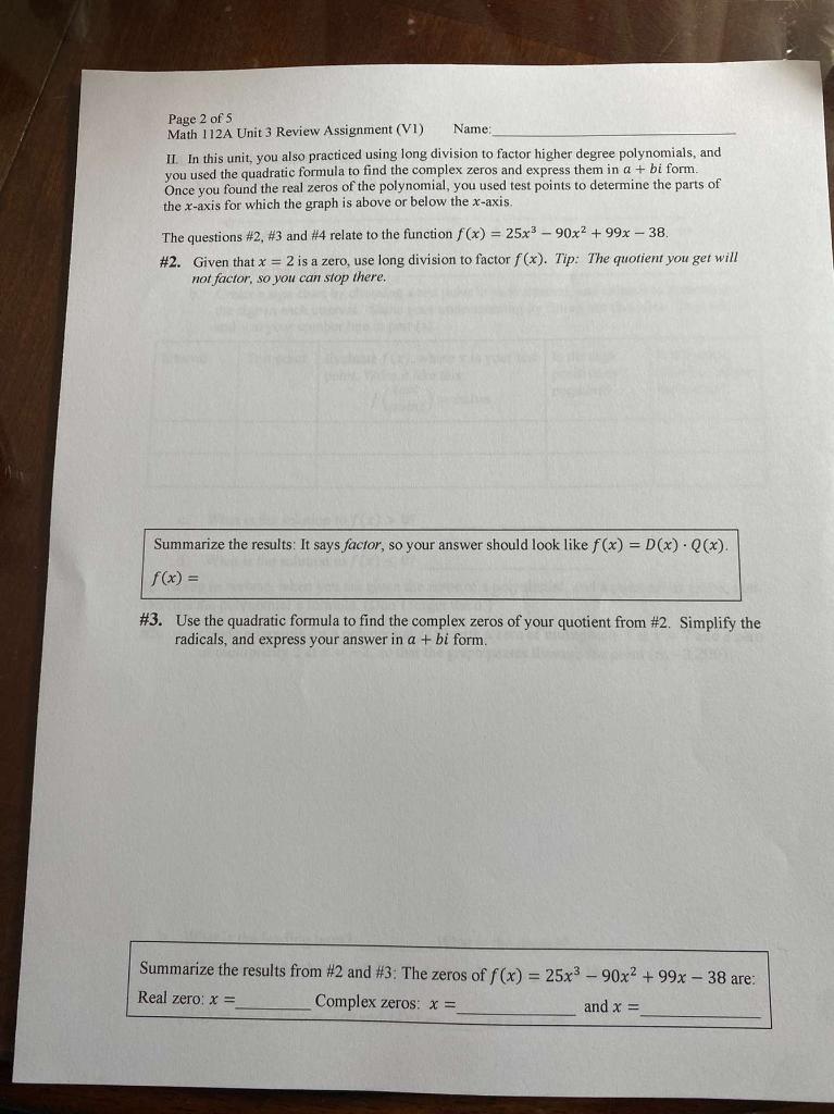 Solved Name Page 1 of 5 Math 112A Unit 3 Review Assignment | Chegg.com