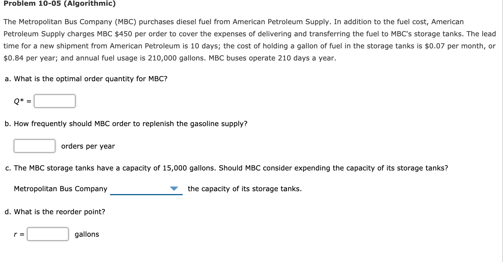 Solved Problem 10-05 (Algorithmic) The Metropolitan Bus | Chegg.com