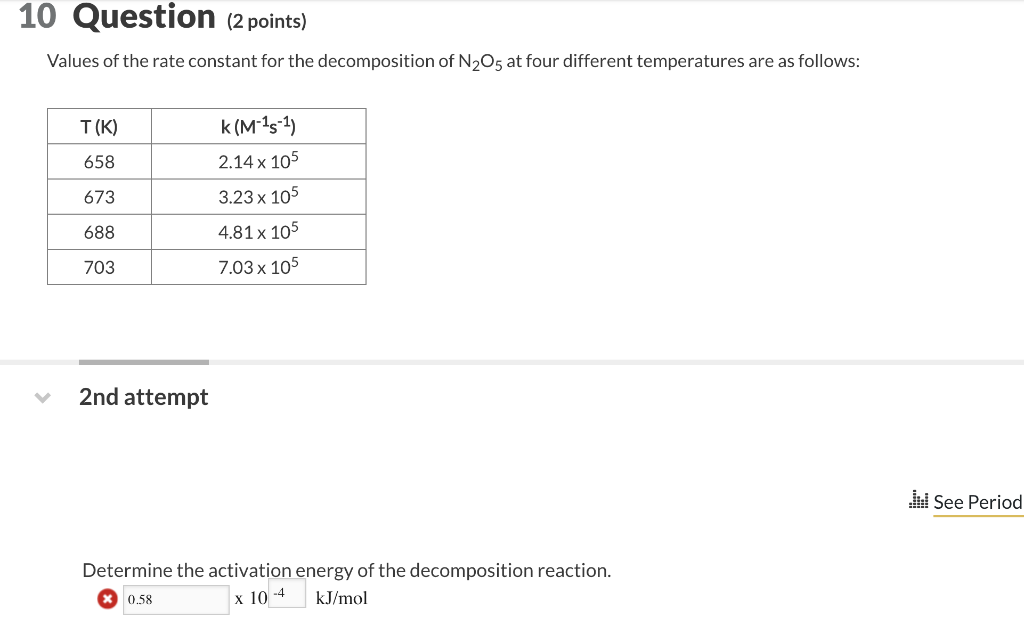 Solved Values of the rate constant for the decomposition of | Chegg.com