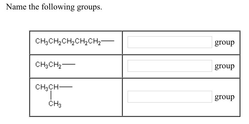 Solved Name the following groups. CH3CH2CH2CH2CH2 CH3CH2 | Chegg.com