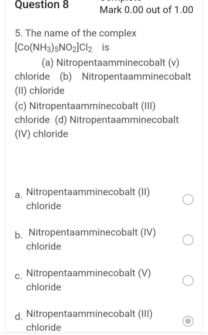 Solved Mark 0.00 out of 1.00 5. The name of the complex | Chegg.com