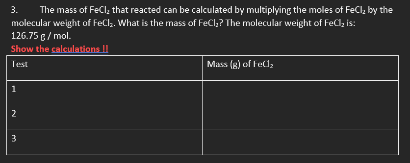 Solved Redox titrations The mass of FeCl2 that reacted can | Chegg.com