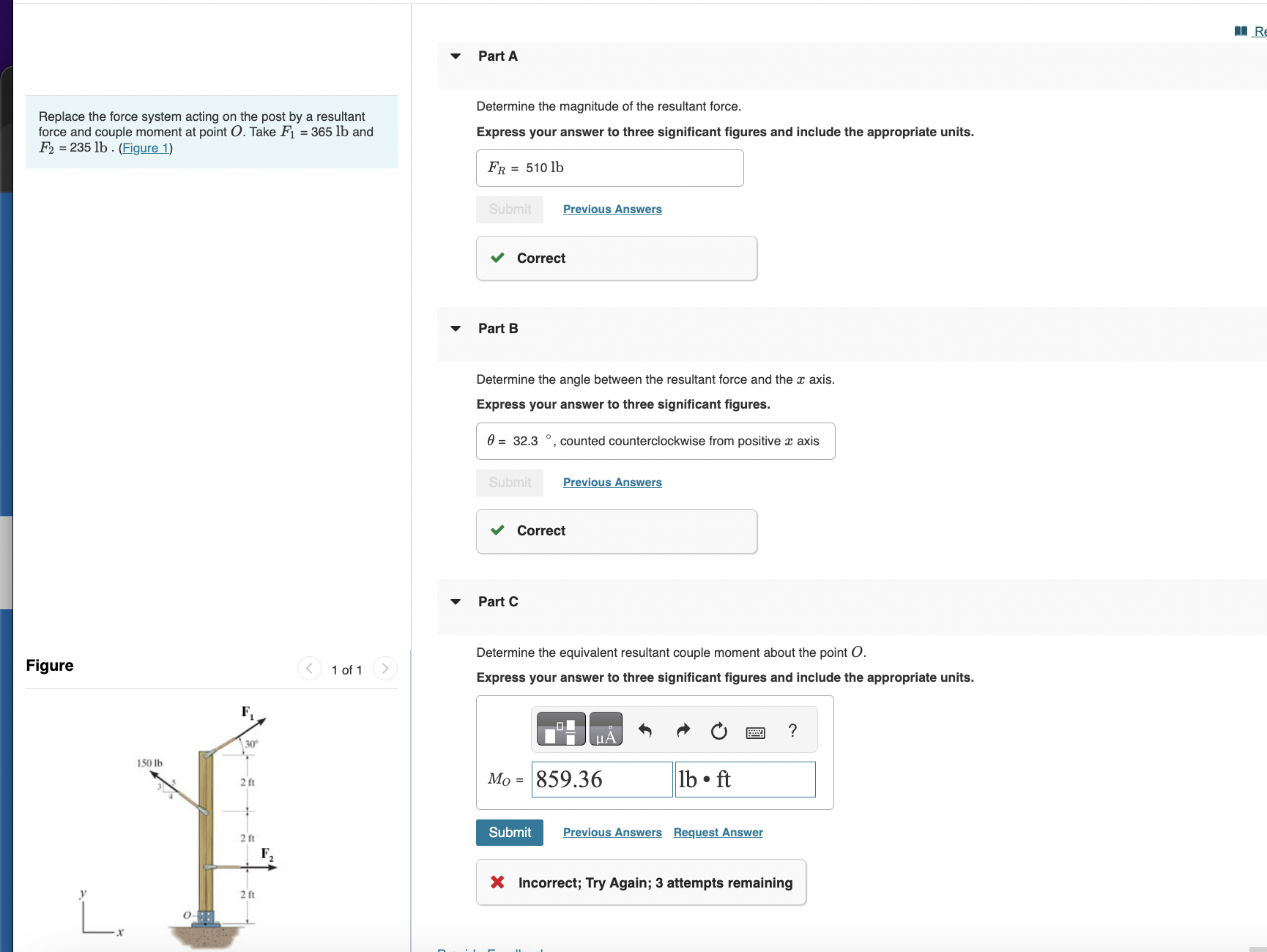 Solved Part AReplace the force system acting on the post by | Chegg.com