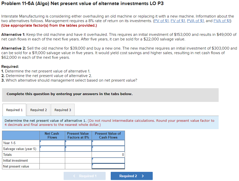 Solved Problem 11-6A (Algo) Net present value of alternate | Chegg.com