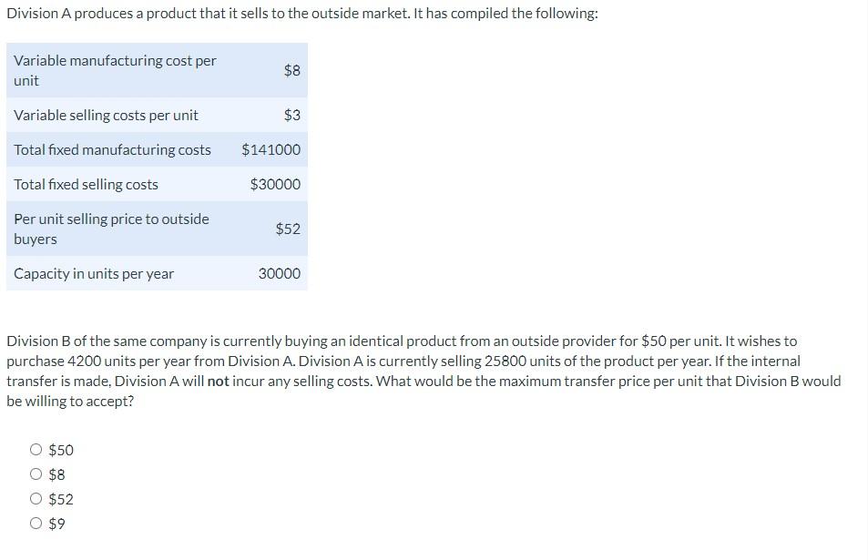 Solved Division A produces a product that it sells to the | Chegg.com