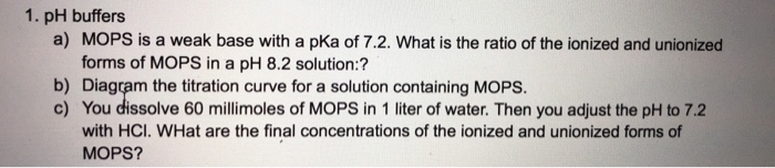 Solved 1. pH buffers a) MOPS is a weak base with a pKa of | Chegg.com