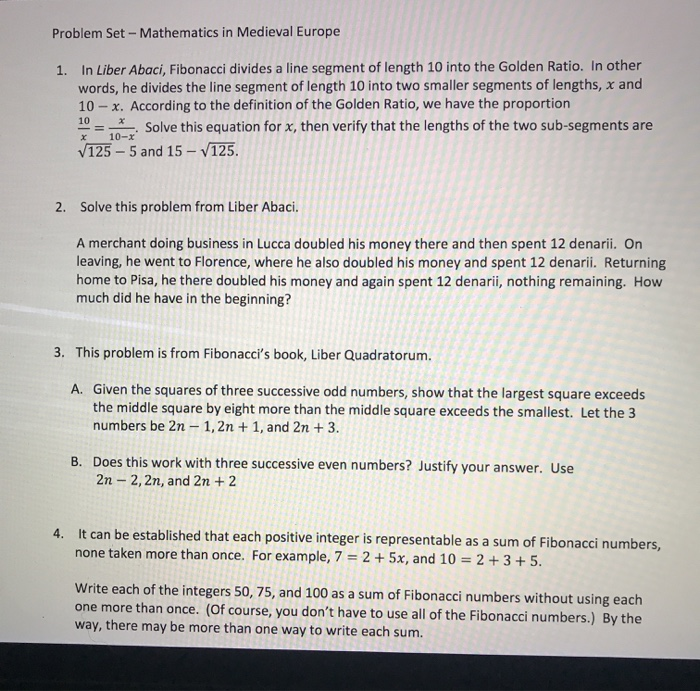 Solved Problem Set- Mathematics in Medieval Europe 1. In | Chegg.com