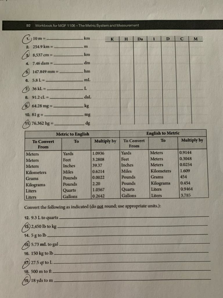 Solved 92 Workbook for MGF 1106-The Metric System and H Da | Chegg.com
