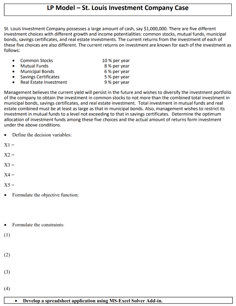 Solved LP Model - St. Louis Investment Company Case St. | Chegg.com