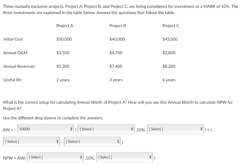 Solved Three mutually exclusive projects, Project A, Project | Chegg.com