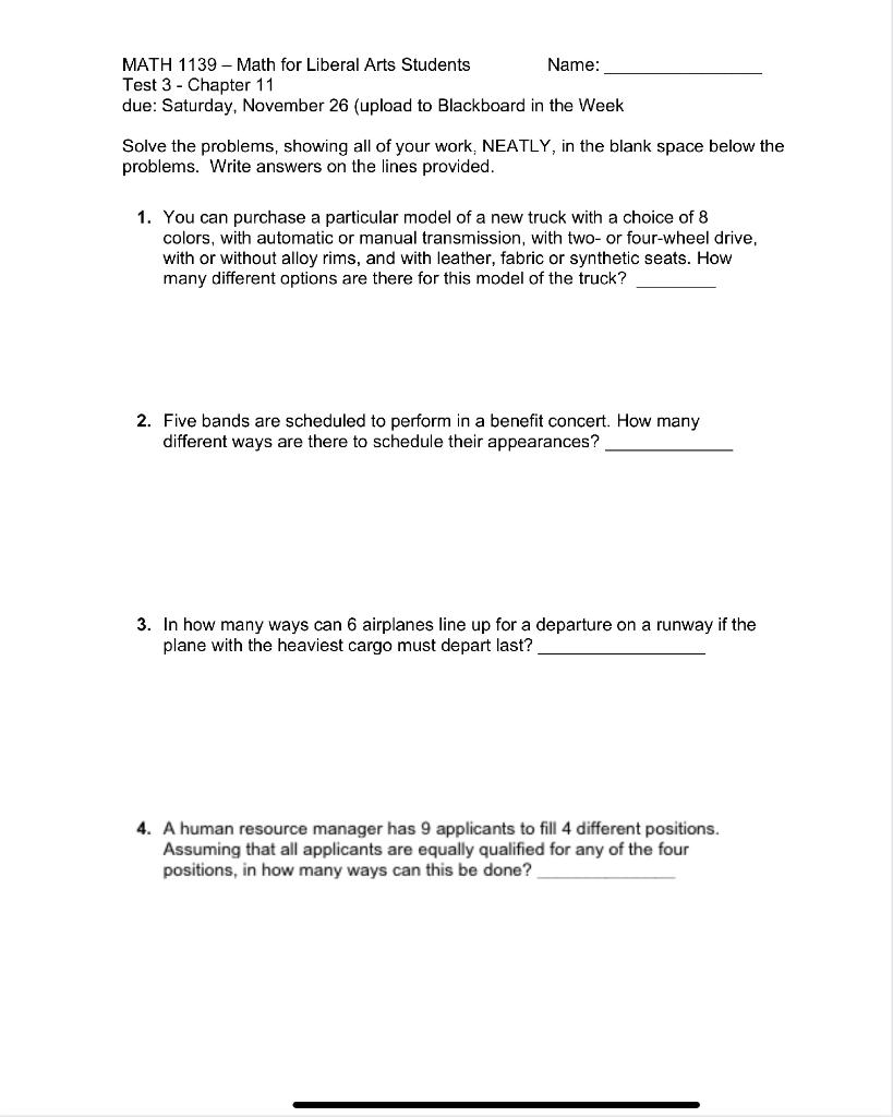 Solved MATH 1139 - Math for Liberal Arts Students Name: | Chegg.com
