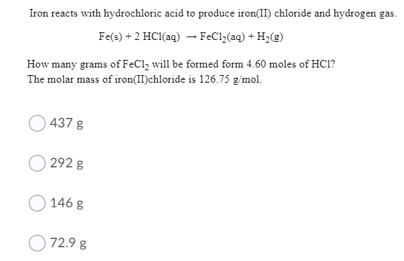 Solved Iron reacts with hydrochloric acid to produce | Chegg.com