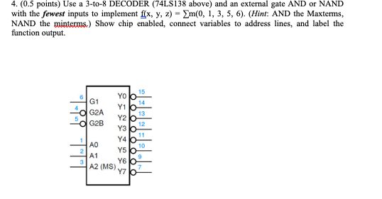 Solved 4. (0.5 points) Use a 3-to-8 DECODER (74LS138 above) | Chegg.com