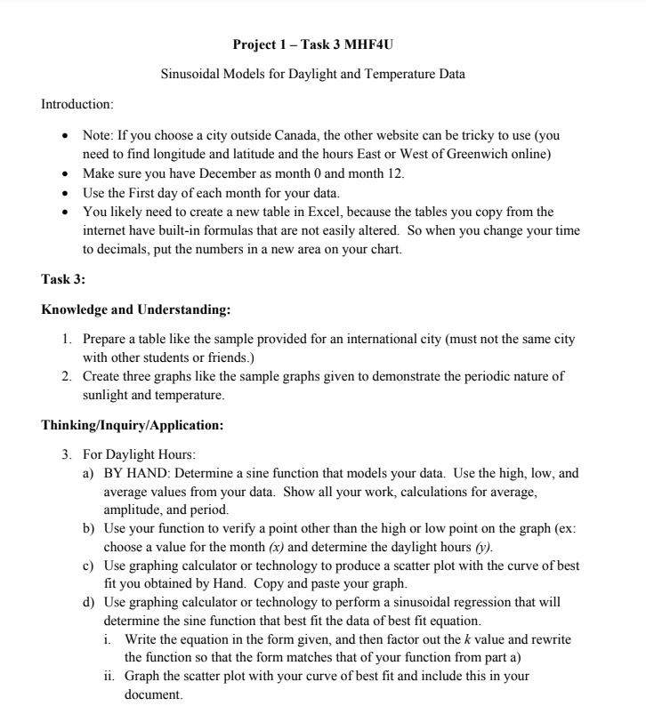 Solved Project 1 - Task 3 MHF4U Sinusoidal Models for | Chegg.com