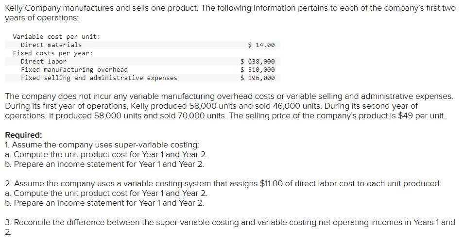 Solved Kelly Company manufactures and sells one product. The | Chegg.com