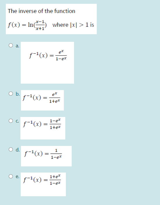 Solved The inverse of the function f(x) = In072 where |x| > | Chegg.com