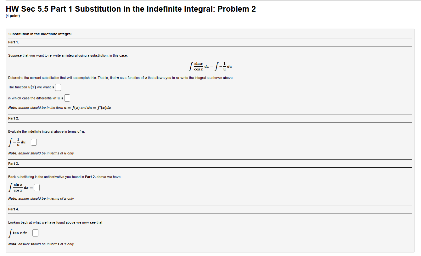 Solved HW Sec 5.5 Part 1 Substitution in the Indefinite | Chegg.com Solved HW Sec 5.5 Part 1 Substitution in the Indefinite | Chegg.com