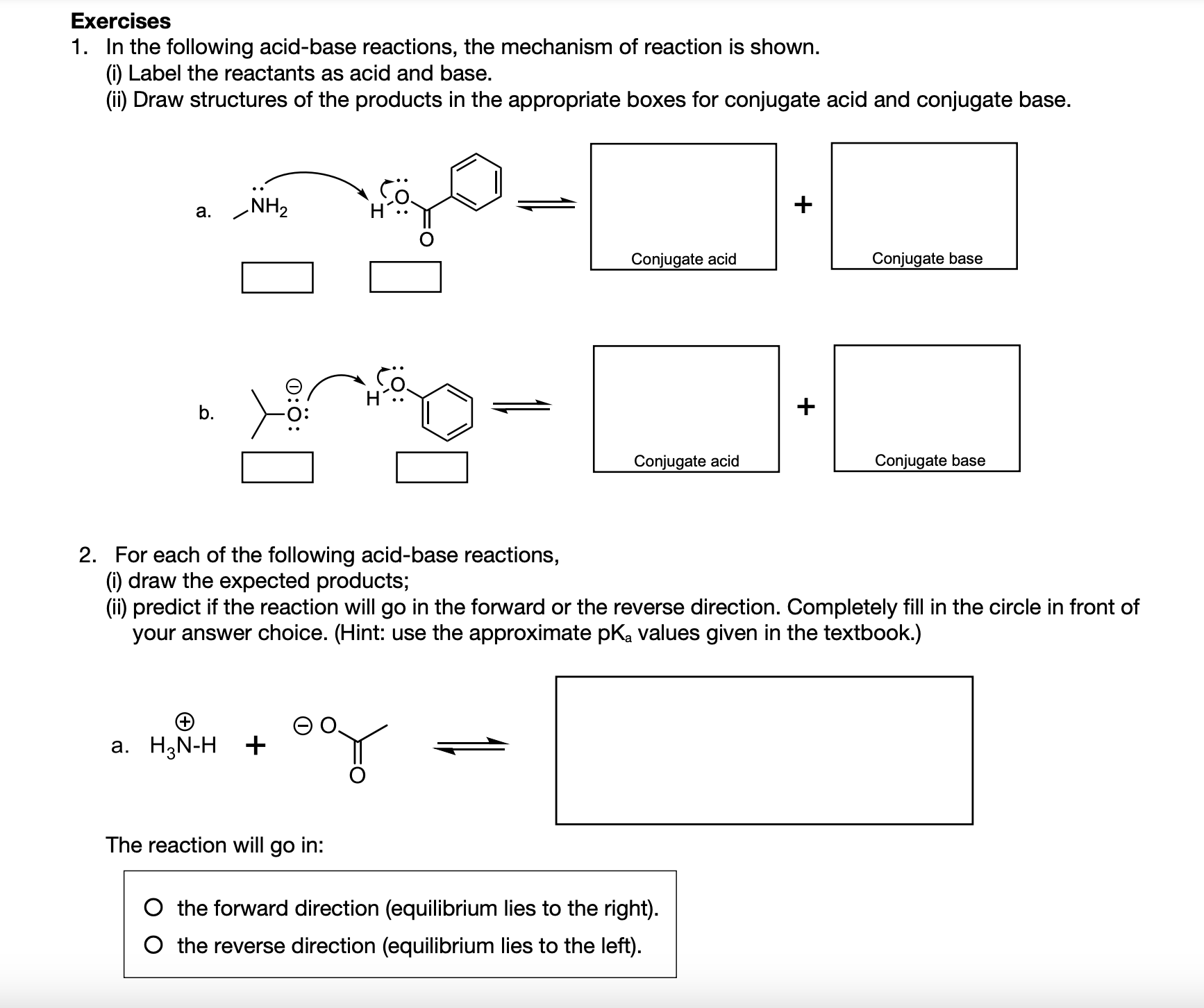 Solved ExercisesIn the following acid-base reactions, the | Chegg.com
