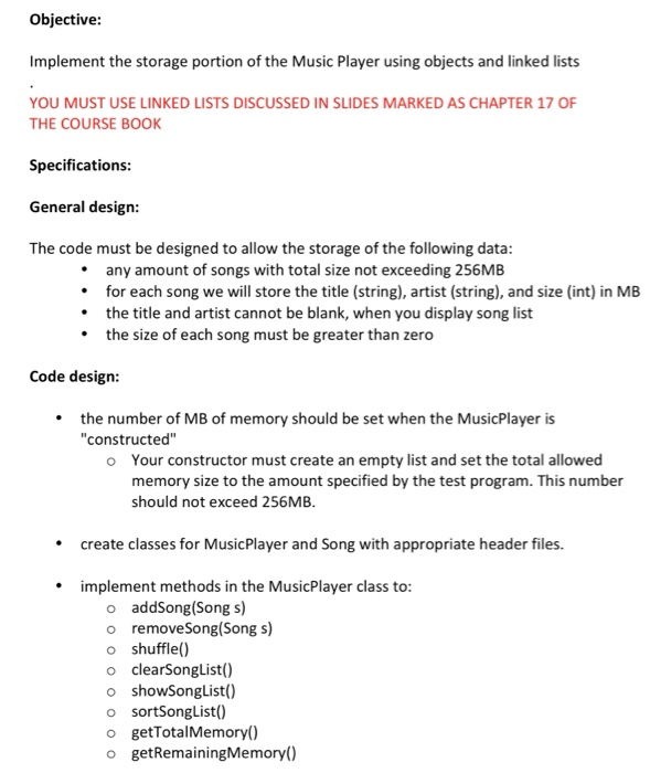 Objective Implement Storage Portion Music Player Using Objects Linked ... Objective Implement Storage Portion Music Player Using Objects Linked ...