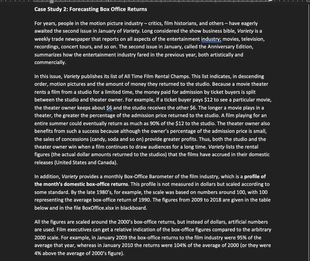 Solved Case Study 2: Forecasting Box Office Returns For | Chegg.com