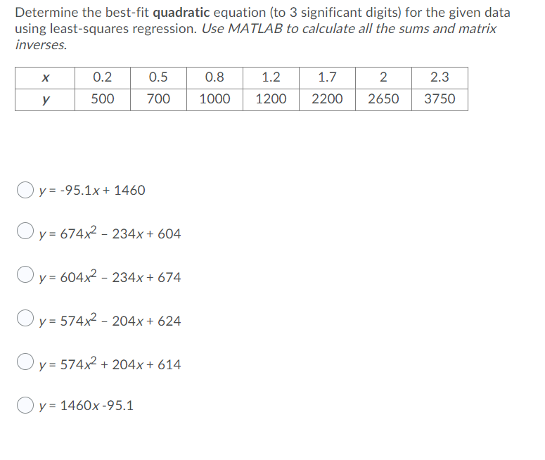 Solved Determine the best-fit quadratic equation (to 3 | Chegg.com
