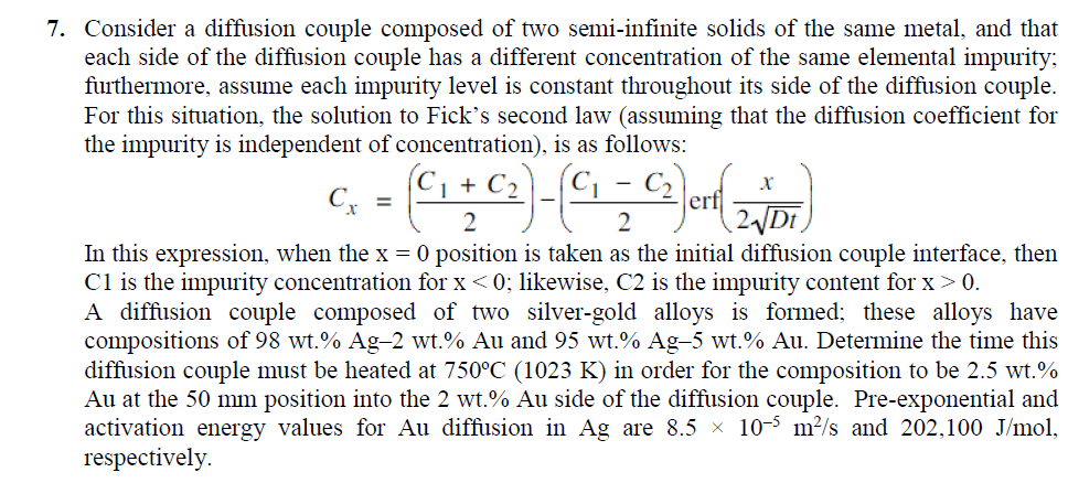 Solved 7. Consider a diffusion couple composed of two | Chegg.com