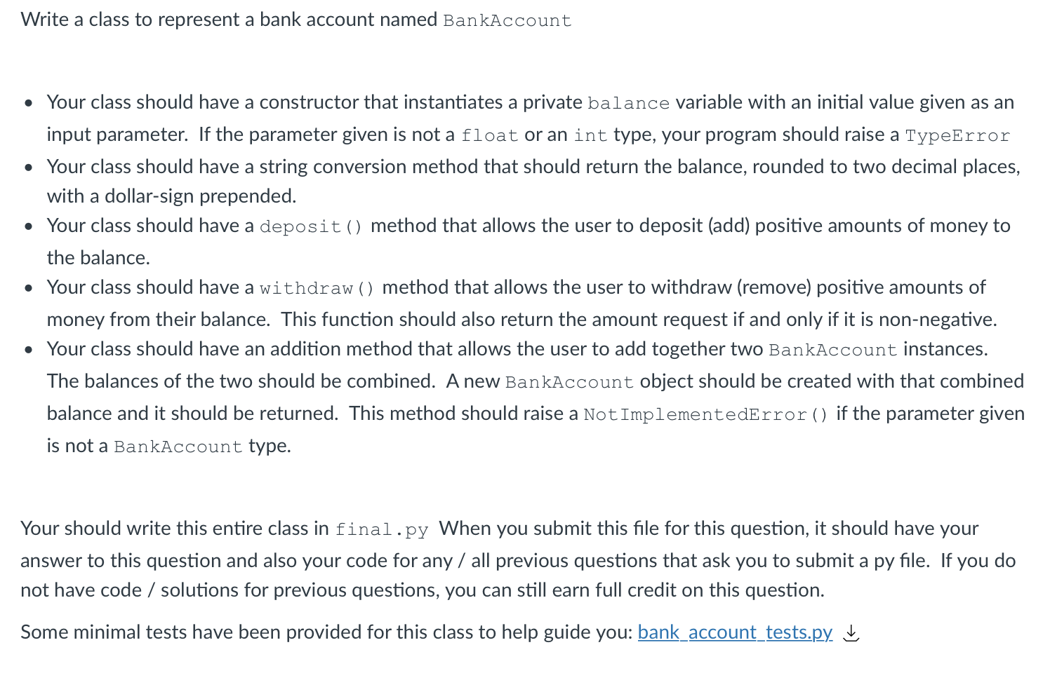 Solved Write a class to represent a bank account named | Chegg.com