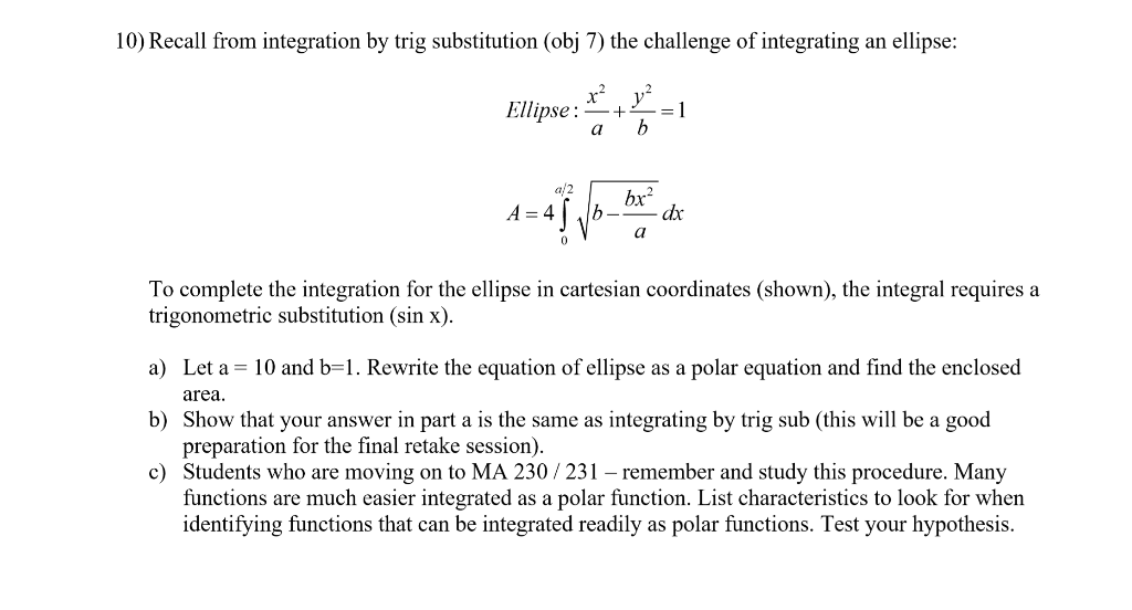 Solved 10) Recall from integration by trig substitution (obj | Chegg.com