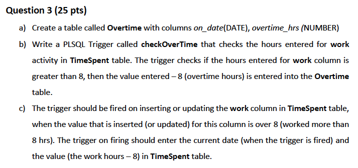 Solved Create a table called Time Spent to hold the time | Chegg.com
