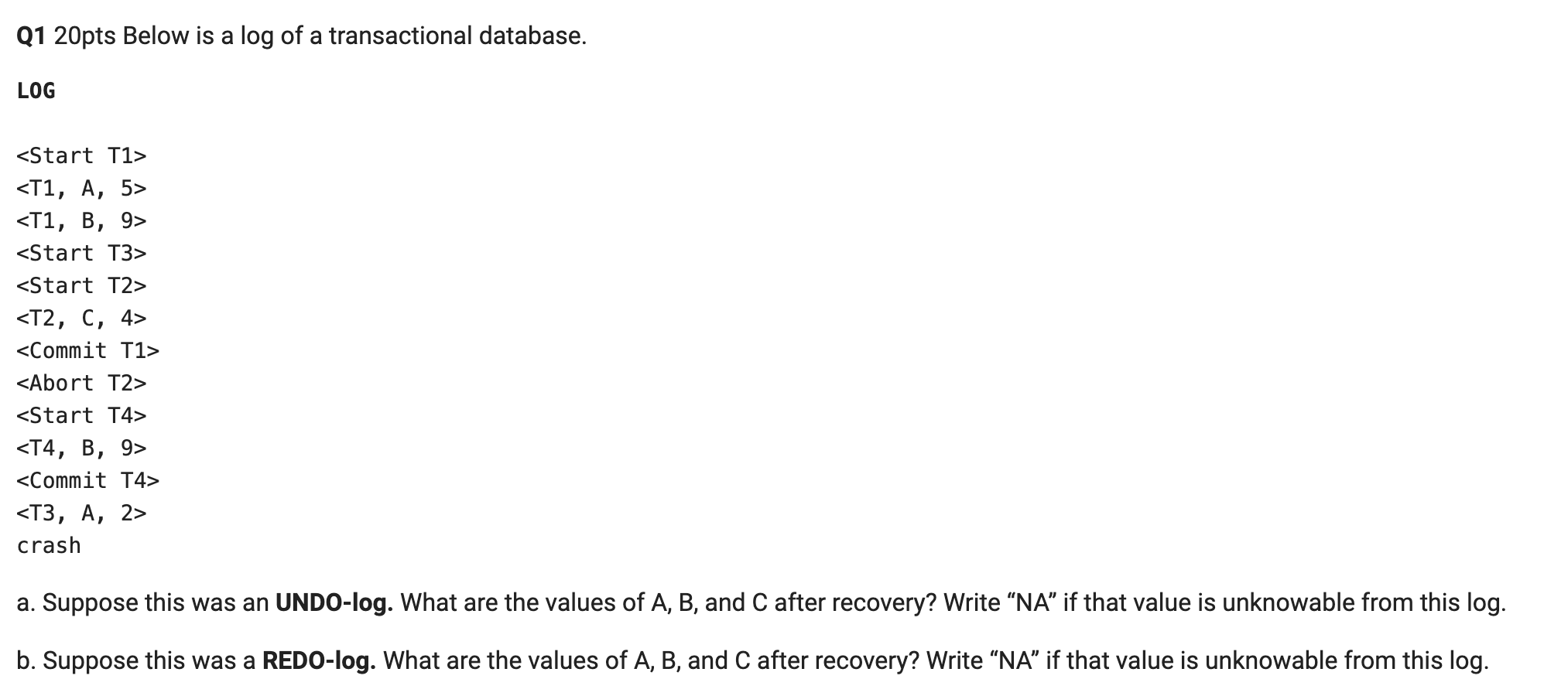 Solved Q1 20pts Below is a log of a transactional database. | Chegg.com