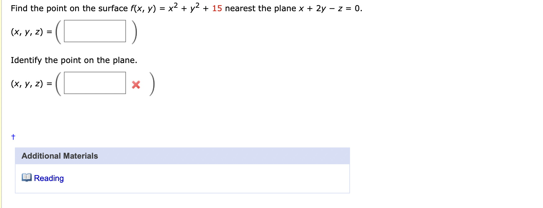 Solved Find the point on the surface f(x,y)=x2+y2+15 nearest | Chegg.com