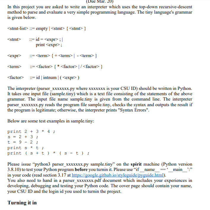 Solved In this project you are asked to write an interpreter | Chegg.com