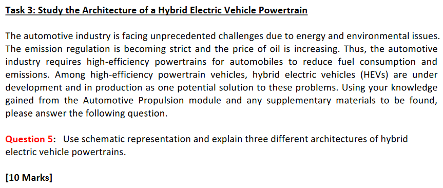 Solved Task 3: Study the Architecture of a Hybrid Electric | Chegg.com