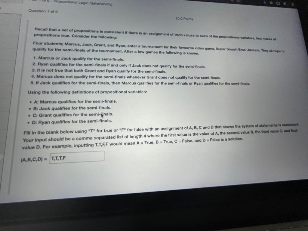 Solved Propositional Logic Satisfiability Question 1 Of 