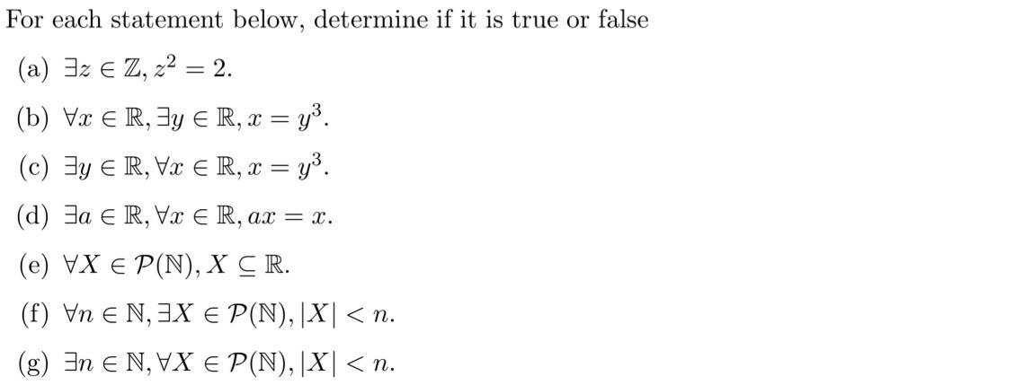 Solved For each statement below, determine if it is true or | Chegg.com