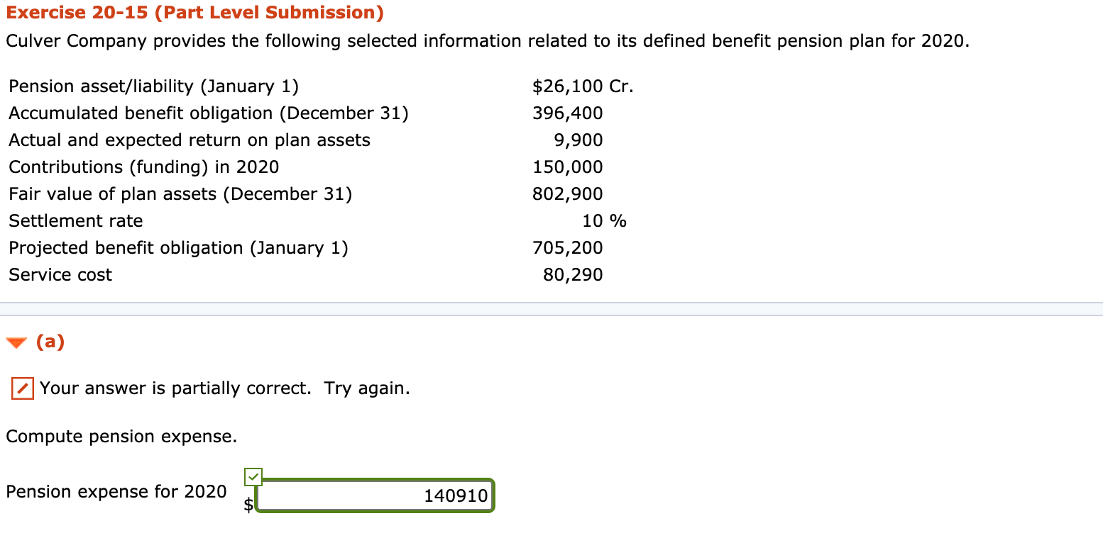Solved Exercise 20-15 (Part Level Submission) Culver Company | Chegg.com
