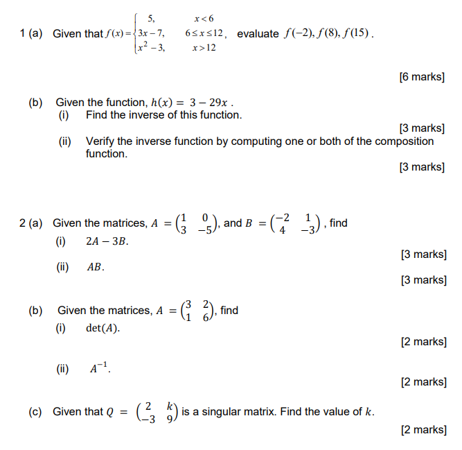 Solved 1 (a) Given that f(x)=⎩⎨⎧5,3x−7,x2−3,x 12 | Chegg.com