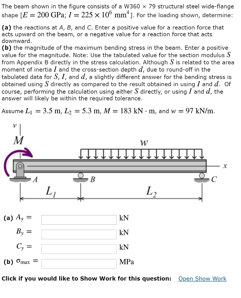 Solved The beam shown in the figure consists of a W360 x 79 | Chegg.com