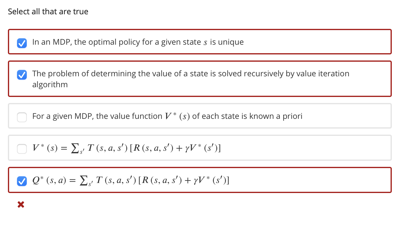 Solved Select all that are true In an MDP, the optimal | Chegg.com