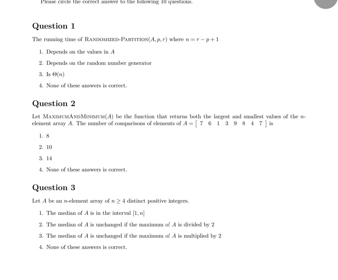 Solved Question 1 The running time of RANDOMIZED-PARTITION | Chegg.com