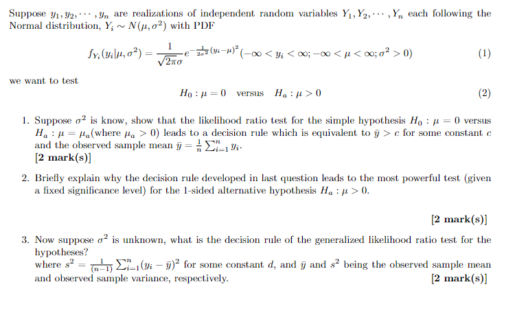 Solved Suppose yı, Y2; ... Yn are realizations of | Chegg.com