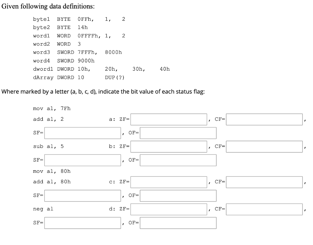 Solved Given following data definitions: bytel BYTE OFFh, 1, | Chegg.com